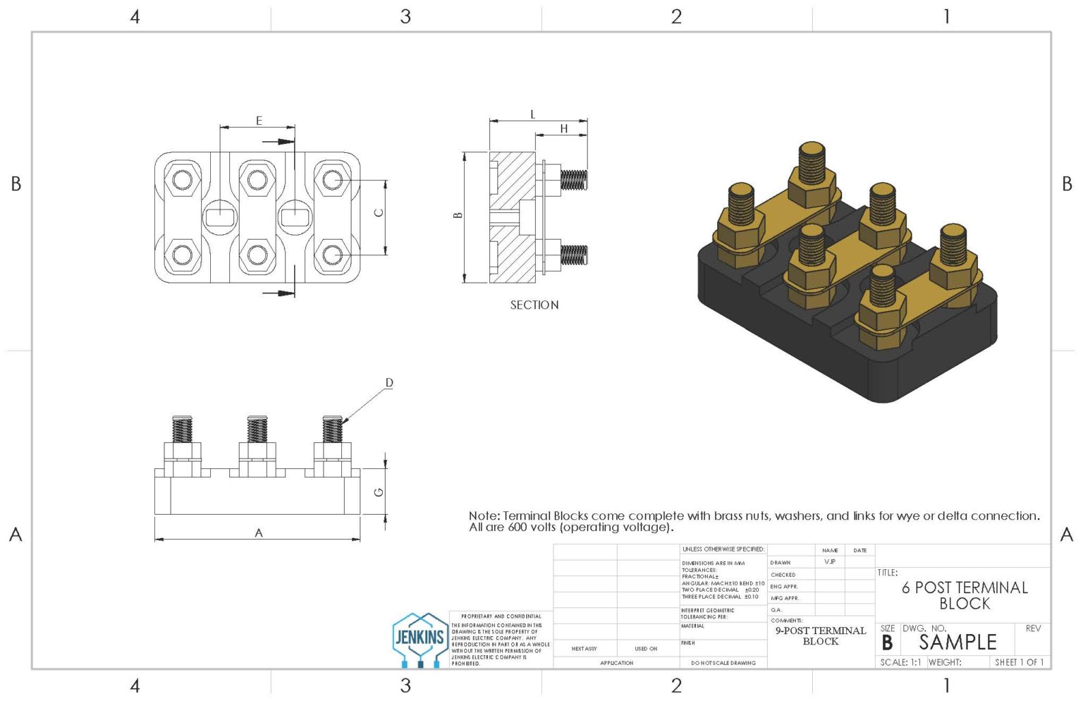 Jenkins Electric | 6-post Terminal Block, 160A, 115x70mm