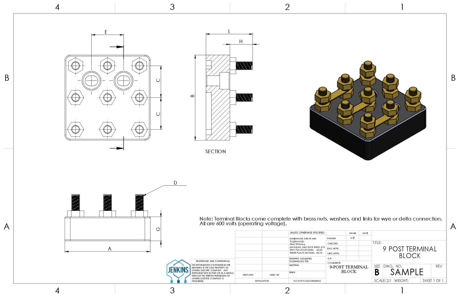 Jenkins Electric | 9-post Terminal Block, 63A, 65x65mm